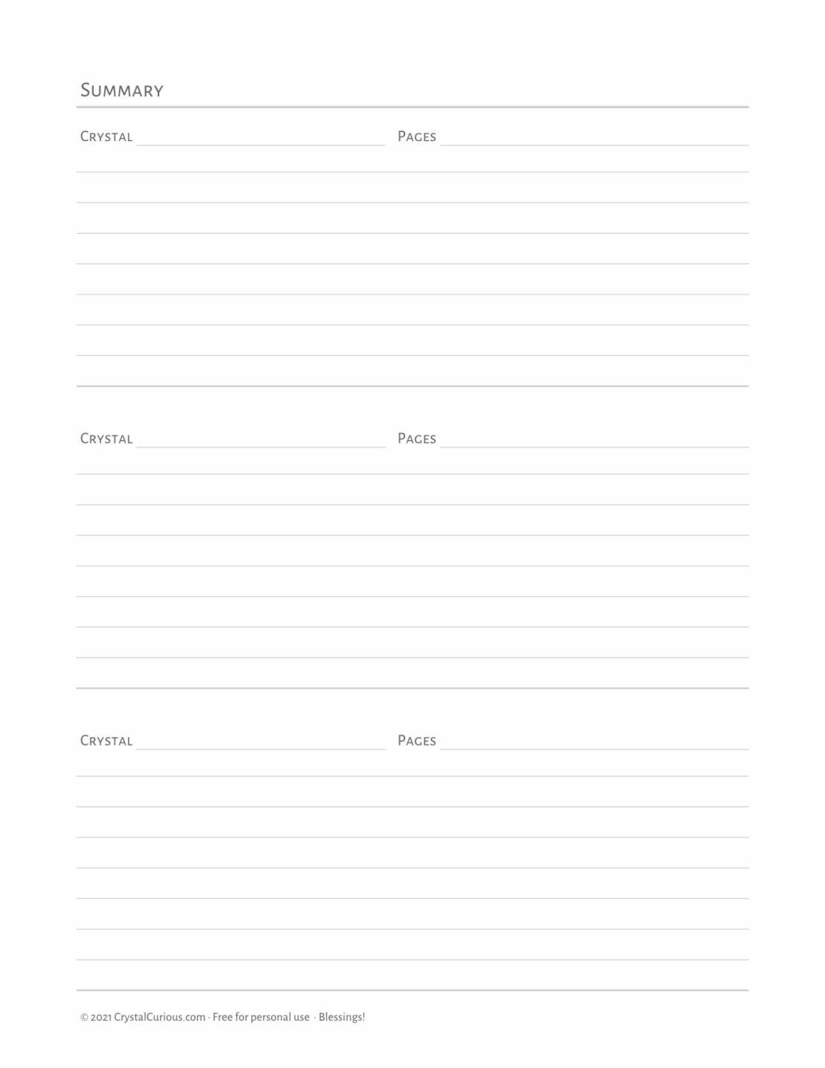 Crystal Journal Summary/Index Page Free Printable PDF | Crystal Curious